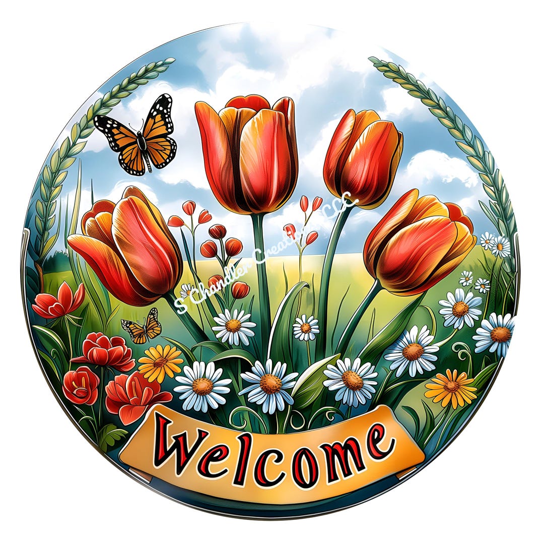 Welcome Tulip Wreath Sign, Spring Wreath Sign, Round Wreath Sign, Signs ...