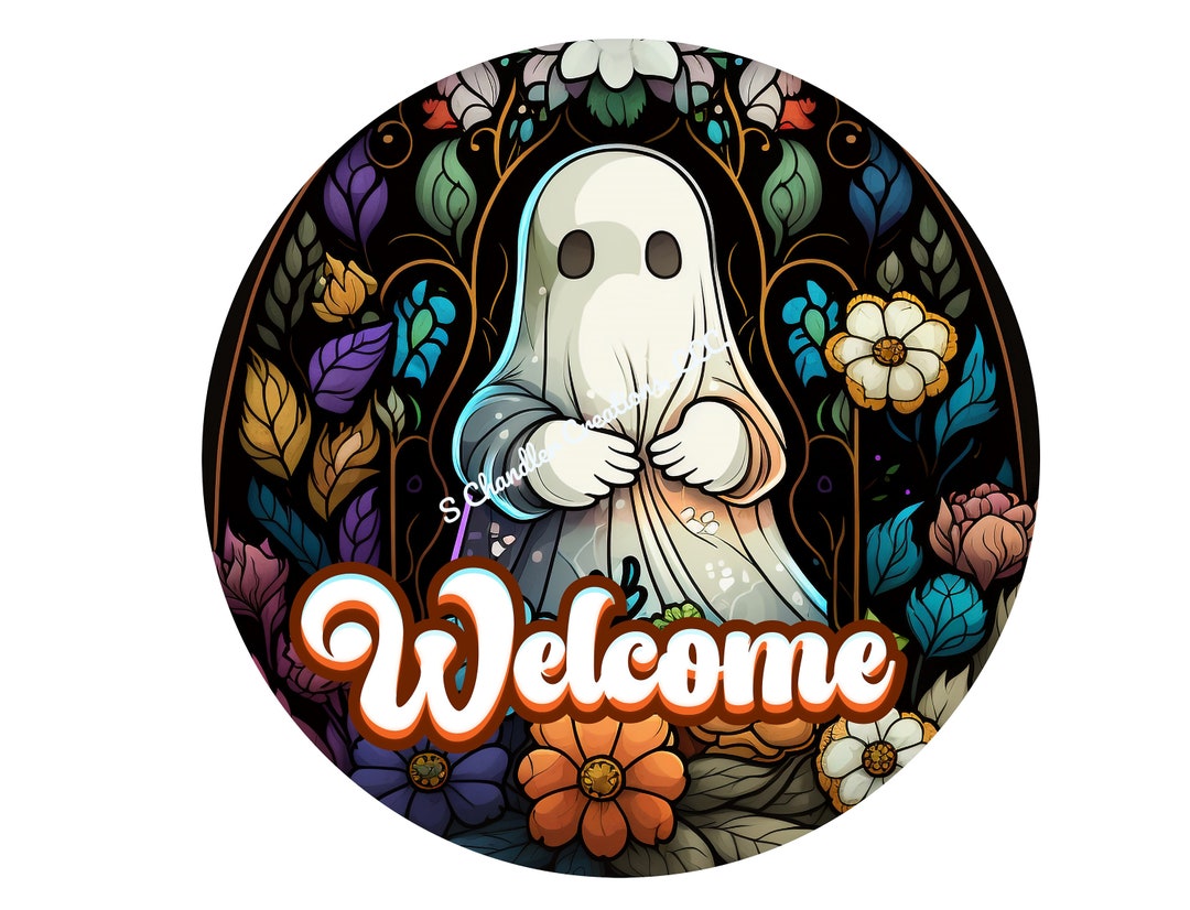 Faux Stained Glass Welcome Ghost Wreath Sign, Halloween Wreath Sign ...