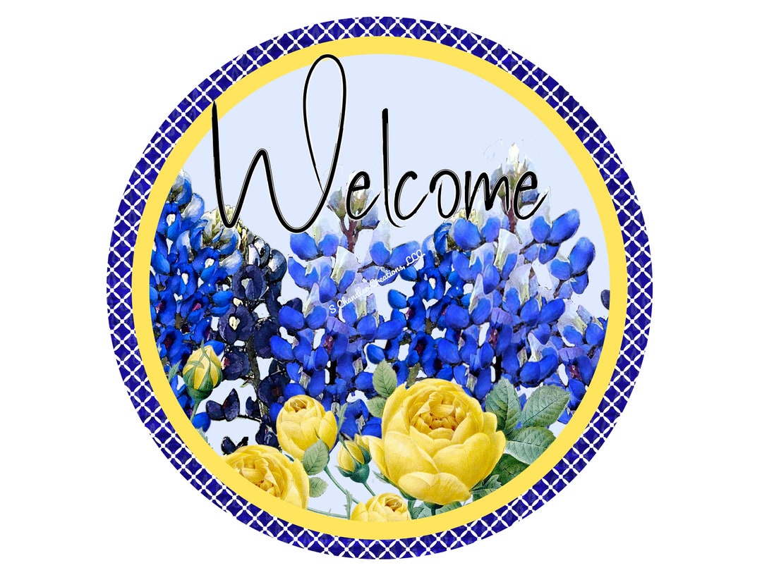 Welcome Blue Bonnet Flowers Wreath Sign, Floral Wreath Sign, Metal ...