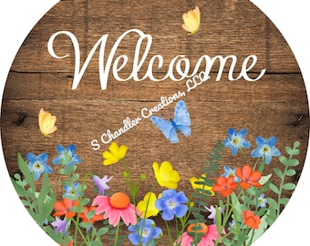 Welcome Wreath Sign,spring Wreath Sign,spring Flowers, Wreath Sign ...