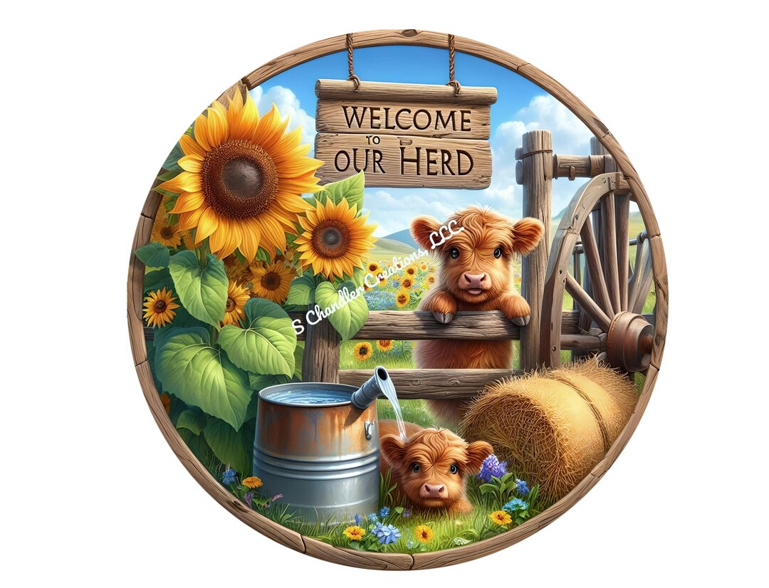 Welcome to Our Herd Highland Cow Wreath Sign, Wreath Signs, Metal ...