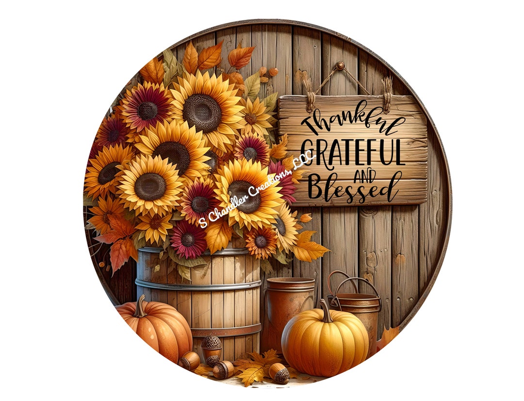 Thankful Grateful Blessed Wreath Sign, Fall Wreath Sign, Sunflower ...