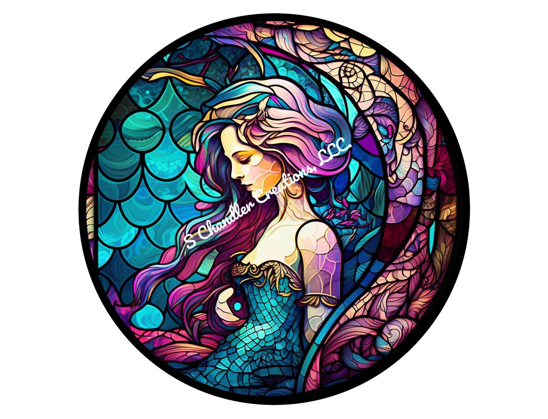 Round Faux Stained Glass Mermaid Wreath Sign, Beach Metal Wreath Sign ...