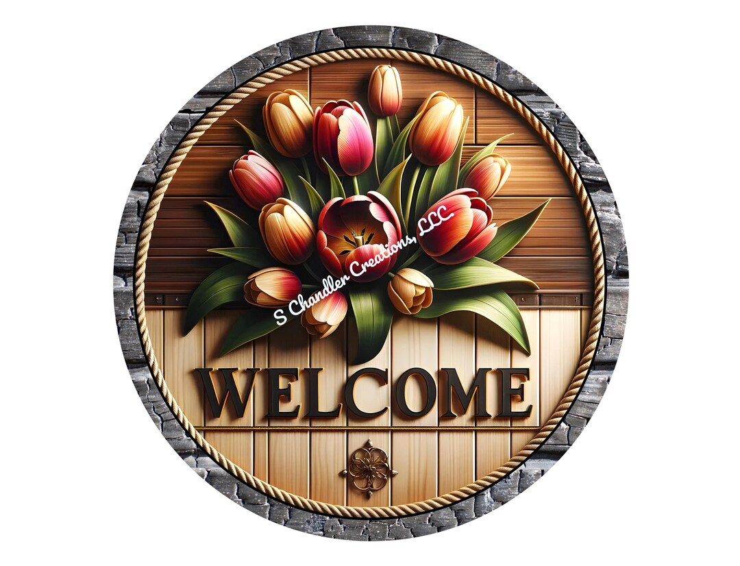 Welcome Tulip Wreath Sign, Faux Stained Glass Wreath Sign, Spring ...