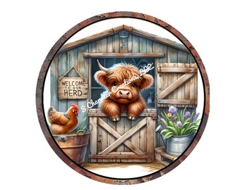 Welcome to Our Herd Highland Cows With Daisies Wreath Sign, Round ...