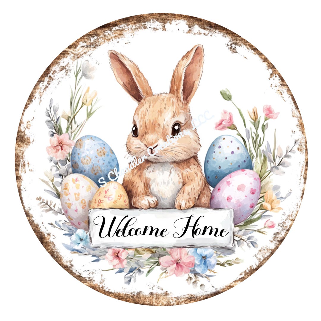 Welcome Home Wreath Sign, Bunny Wreath Sign, Metal Wreath Sign, Round ...