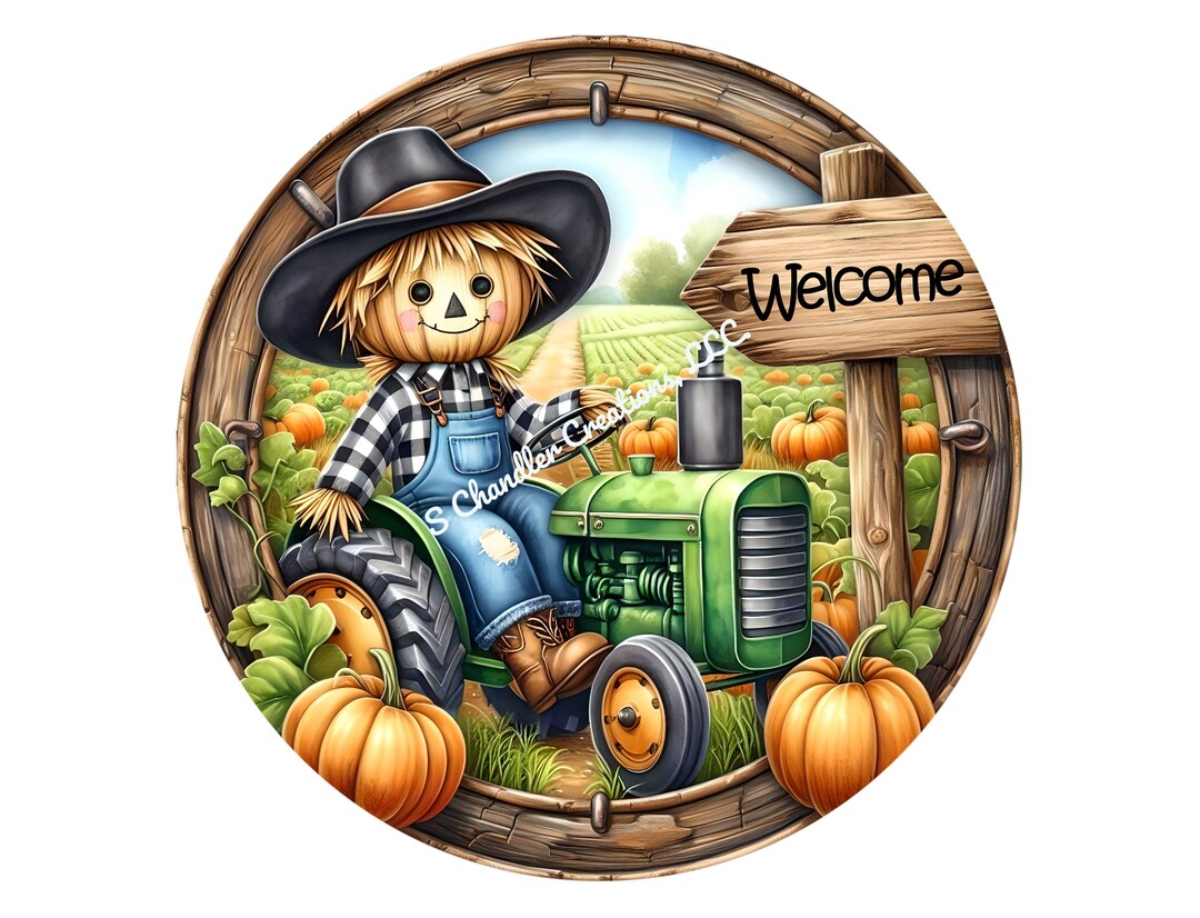 Welcome Scarecrow Wreath Sign, Wreath Signs, Metal Wreath Sign, Round ...