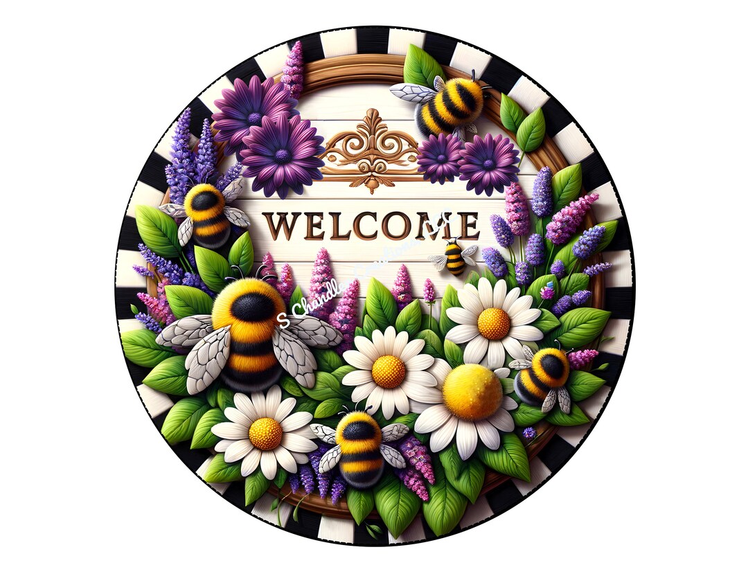 Welcome Spring Flowers and Bees Wreath Sign, Floral Wreath Sign, Spring ...