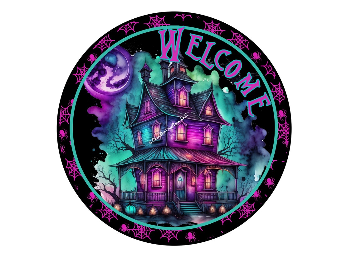 Faux Stained Glass Welcome Haunted House Wreath Sign,halloween Wreath ...