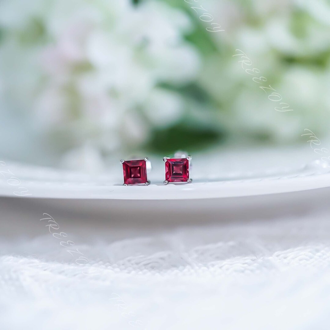 Asscher Cut Garnet Stud Earrings: 925 Sterling Silver - Etsy