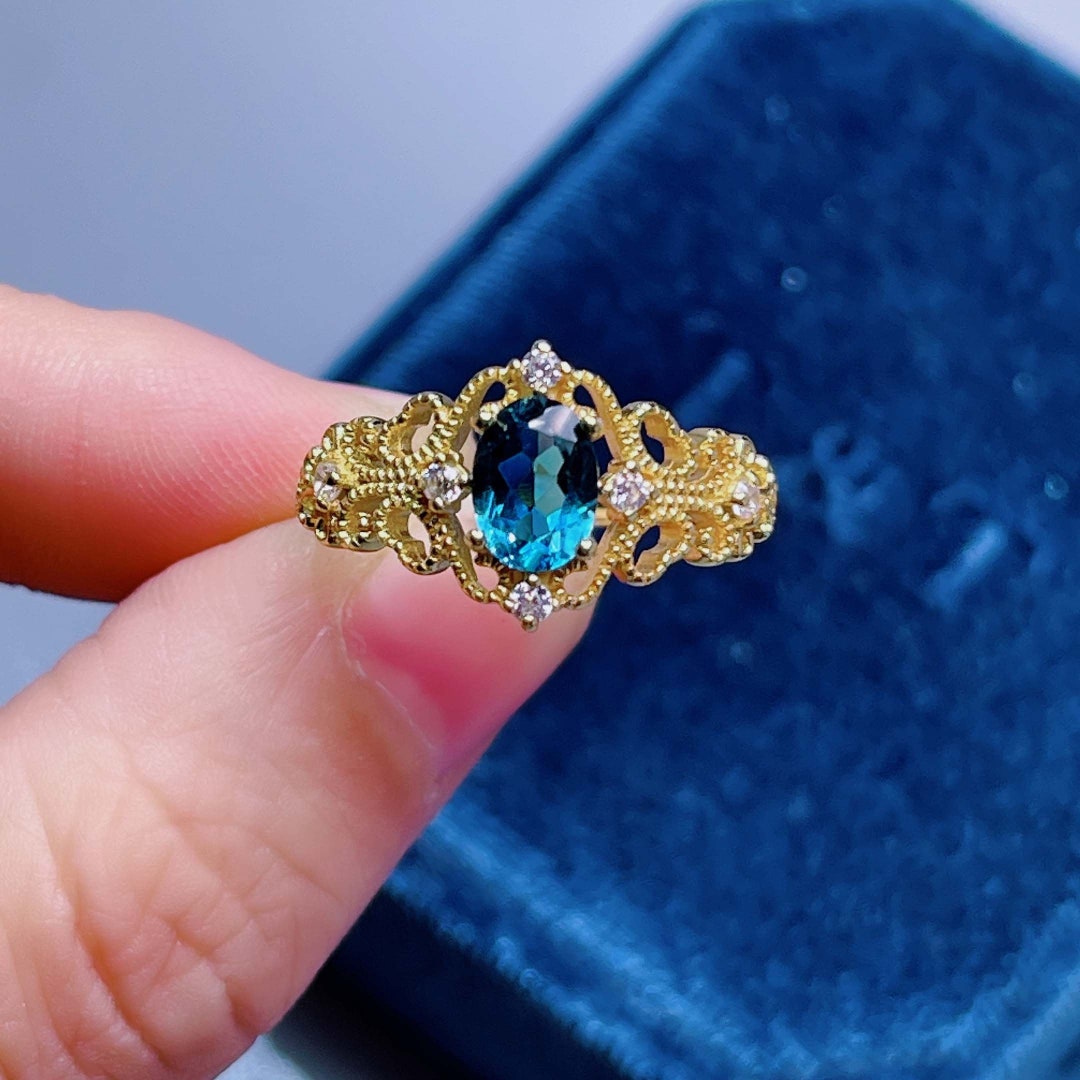Natural London Blue Topaz Ring: 18K Gold, CZ Diamond Accents - Etsy