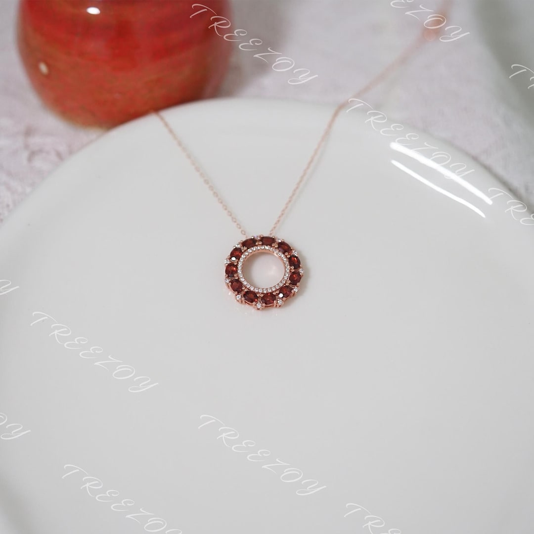 Genuine Garnet Necklace, Rose Gold Garnet Circle Necklace, Garnet ...