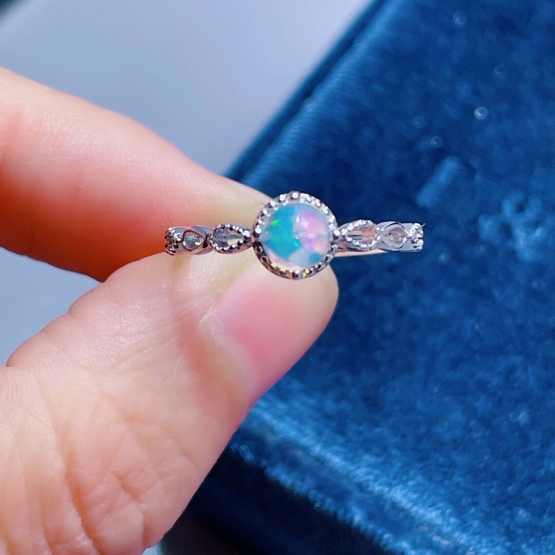 Genuine Opal Ring, Natural Round Opal, Dainty Ring, Solid 925 Sterling ...