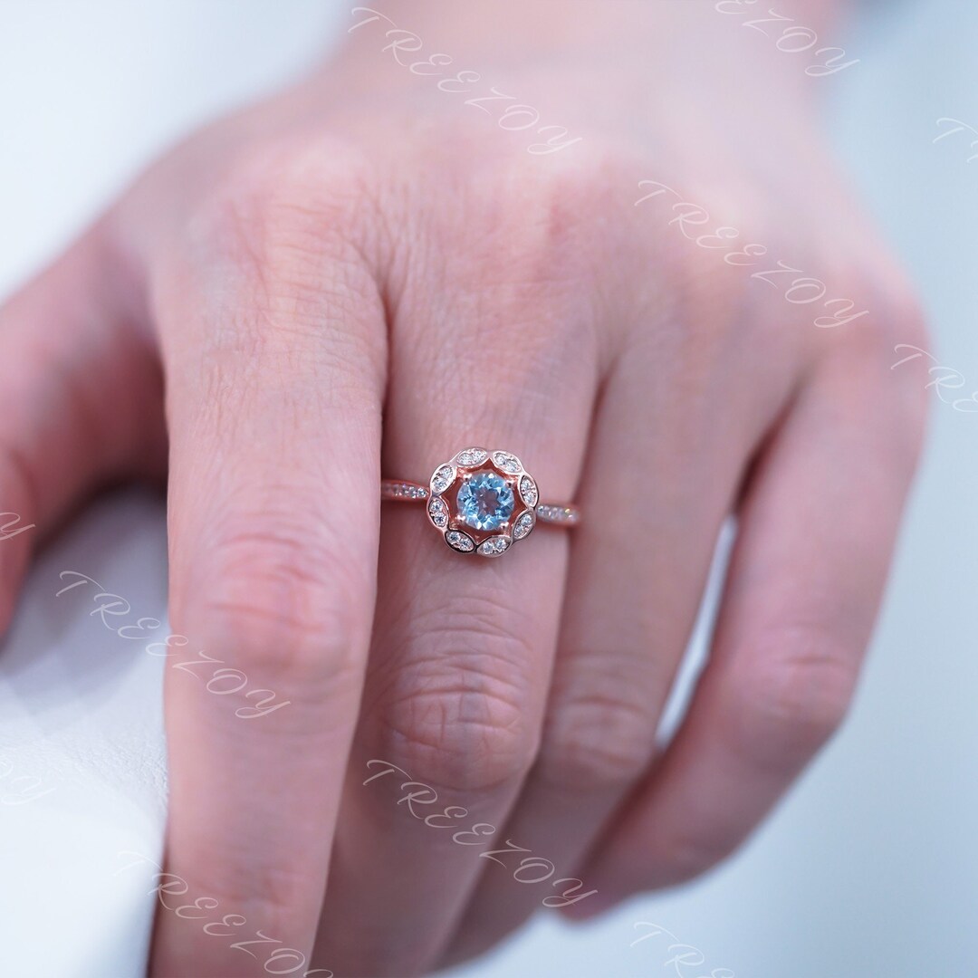 Natural Aquamarine Ring, Rose Gold Floral Ring, March Birthstone ...