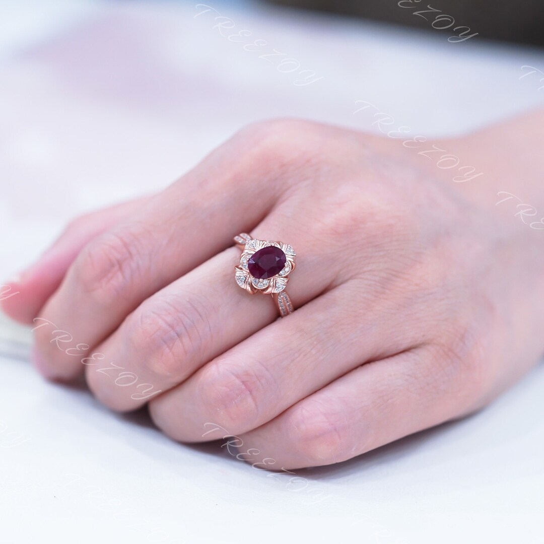 Real Ruby Ring Rose Gold, Diamond Ruby Rings for Women, Unique Gift for ...