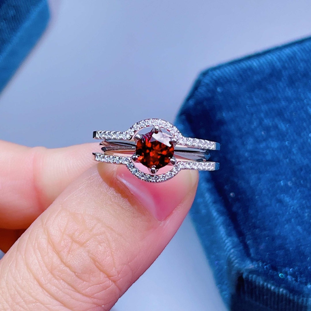 Genuine Garnet Ring Set| Sterling Silver Band | Engagement Jewelry Ring ...