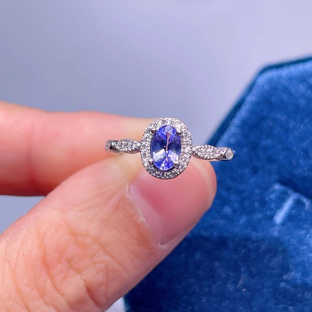 Oval Tanzanite Stone Ring, Diamond Halo Design Ring for Women, Sterling ...