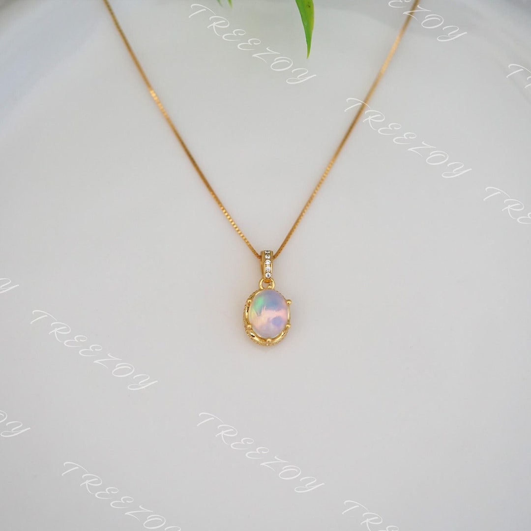 Dainty Rainbow Oval Opal Necklace, 18K Gold Opal Necklace, October ...