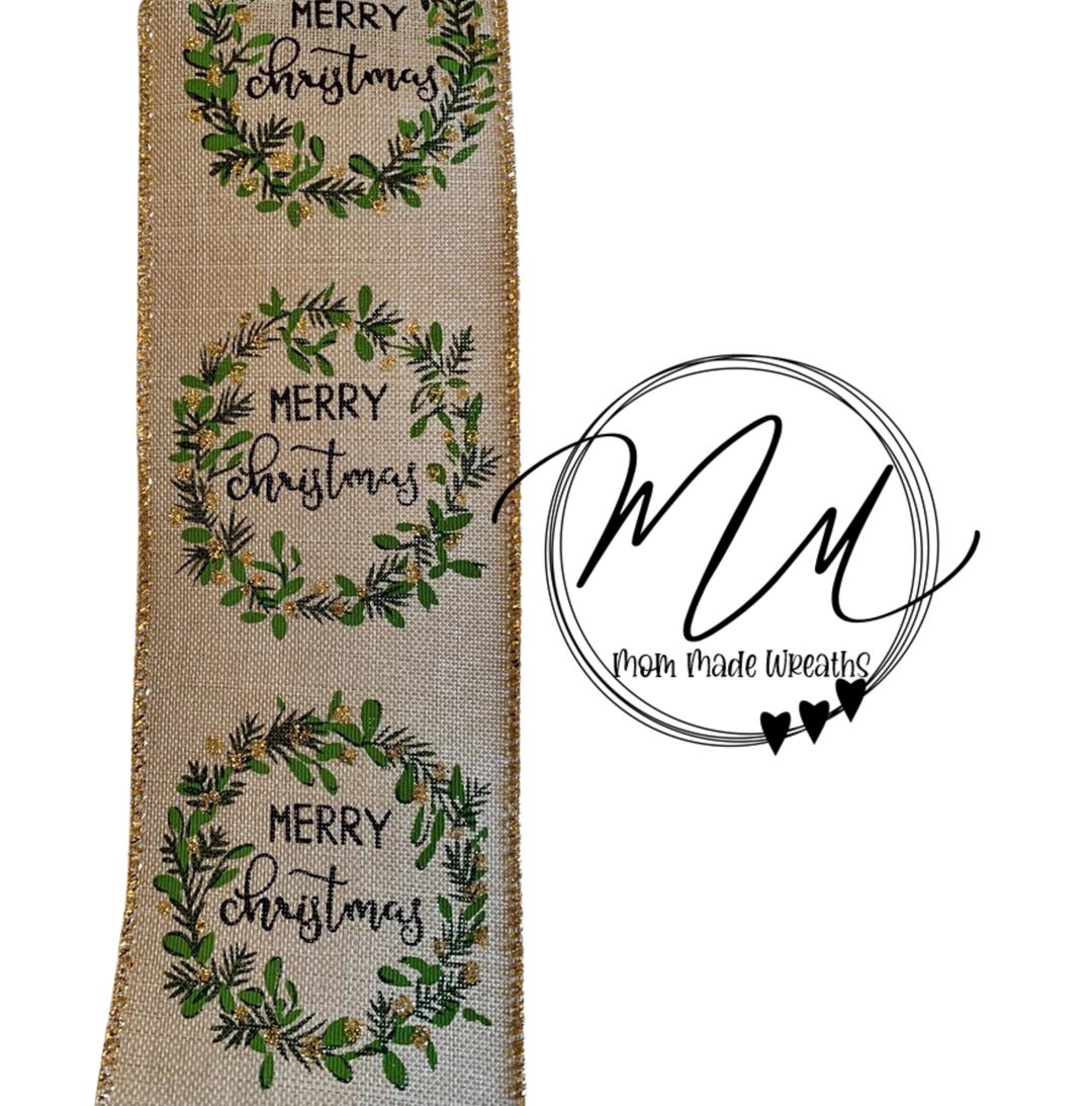 2.5" "merry Christmas" Tan Burlap Like Wired Ribbon for Wreaths ...