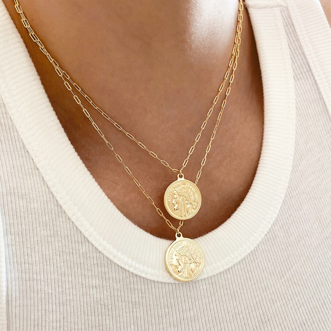 Double Coin Necklace, Gold Coin Necklace, Gold Layering Necklaces, Gold ...