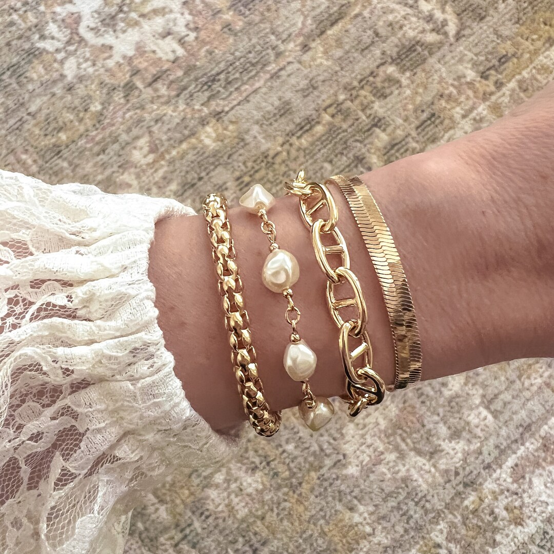 18k Gold Filled Stacking Bracelets, Popcorn Chain, Pearl Chain, Large Mariner Chain, Herringbone ...