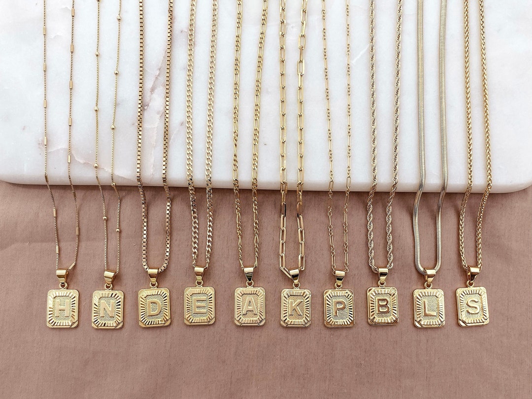 18K GOLD FILLED Initial Necklace, Square Initial Letter Necklace, Gold Rectangle Initial, Gold ...