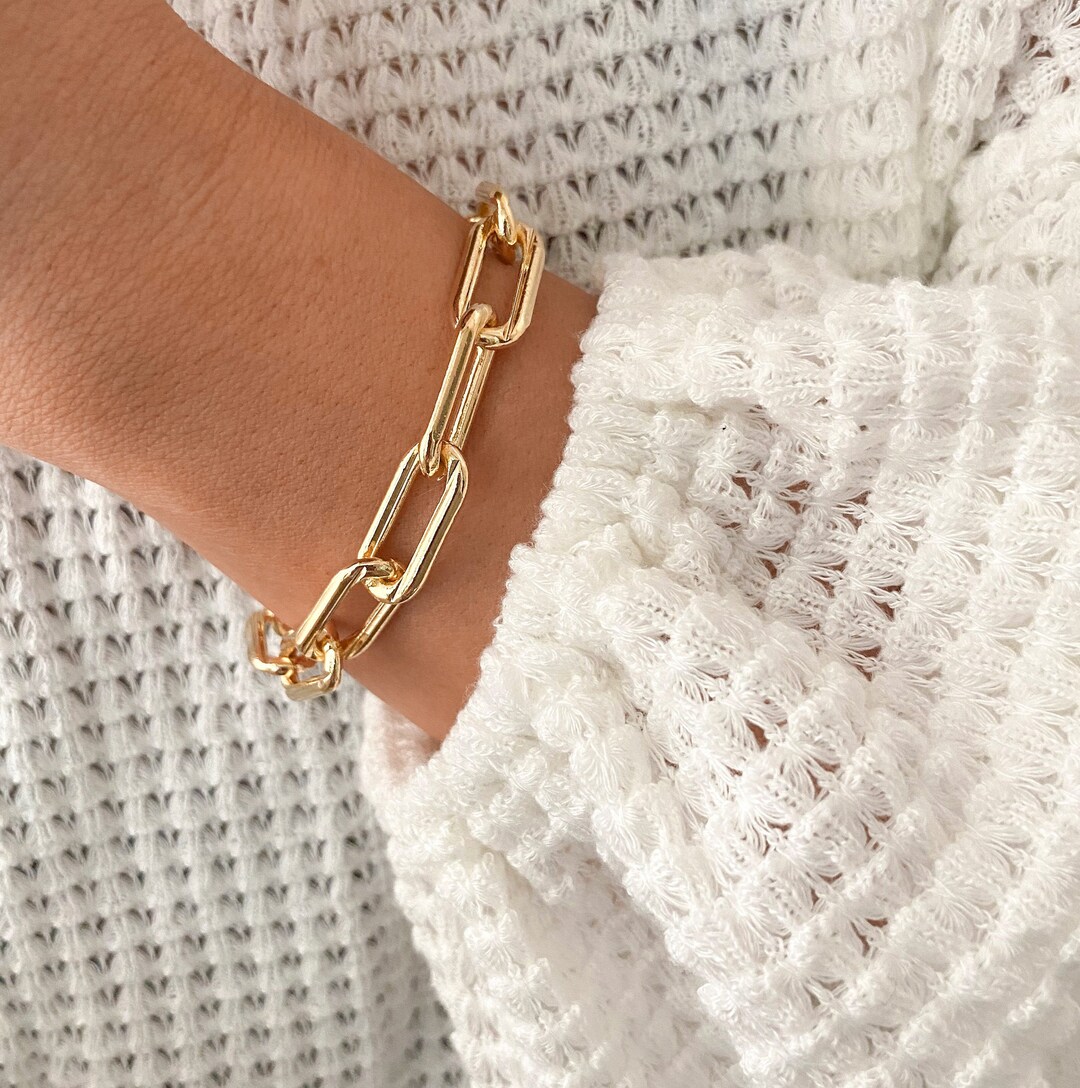 18K Gold Filled Paperclip Chain Bracelet, Chunky Link Chain, Thick Paperclip Bracelet, Gold ...