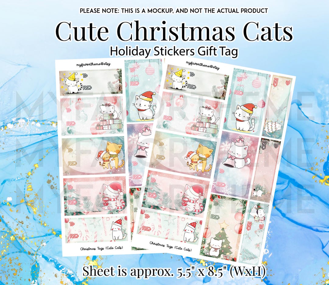 Cat Christmas Sticker Gift Tag, Charming Cat Illustrations for Holiday ...