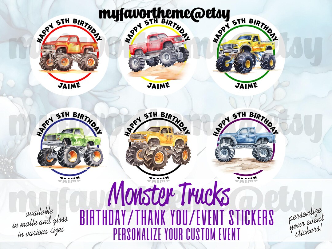 Personalize Birthday Sticker, Custom Monster Truck Design for Kids ...