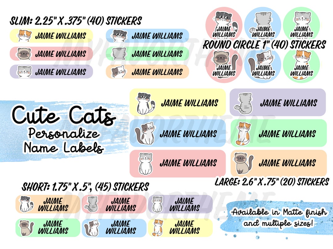 Cute Cat Custom Name Tags, Day Care Tags, School Supply Stickers ...
