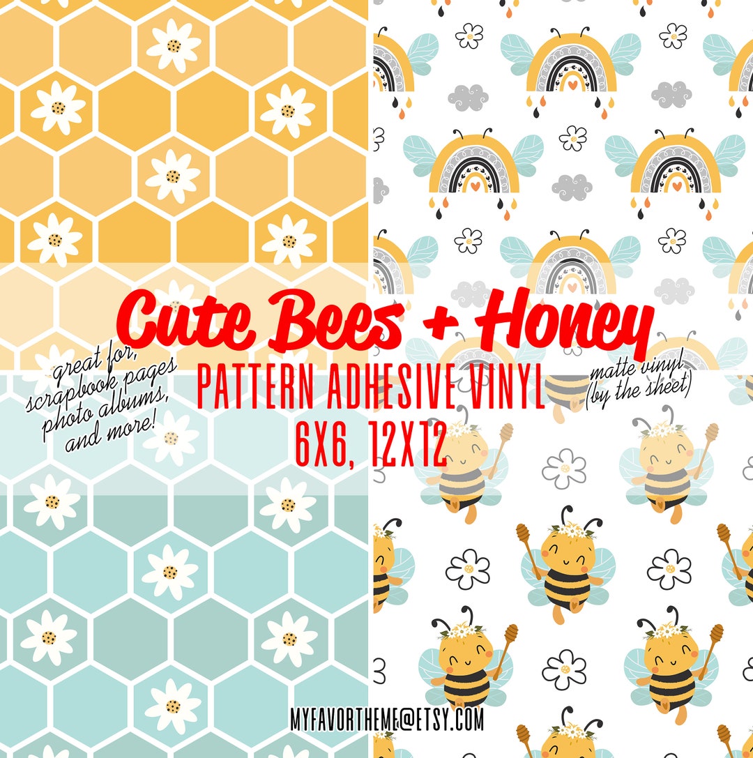 Cute Bees and Honey Custom Printed Vinyl, 12x12 Vinyl Sheet, 6x6 Vinyl ...