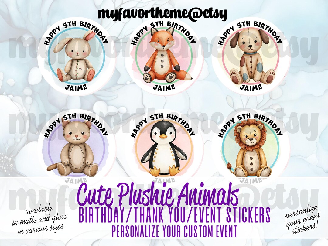 Personalize Sticker for Party, Cute Animal Plush Birthday Label for ...