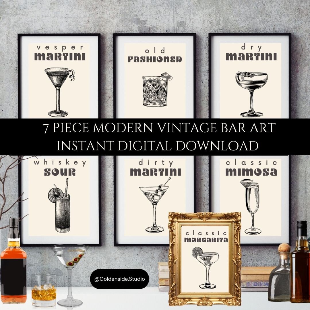7 Piece Modern Vintage Bar Art Instant Digital Download | High Quality ...