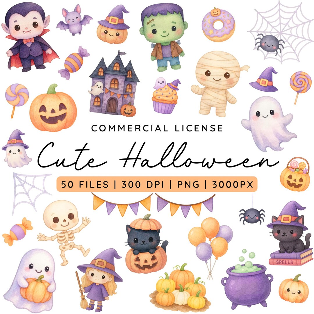 Cute Halloween Clipart: Kawaii Elements PNG Bundle (digital Download ...