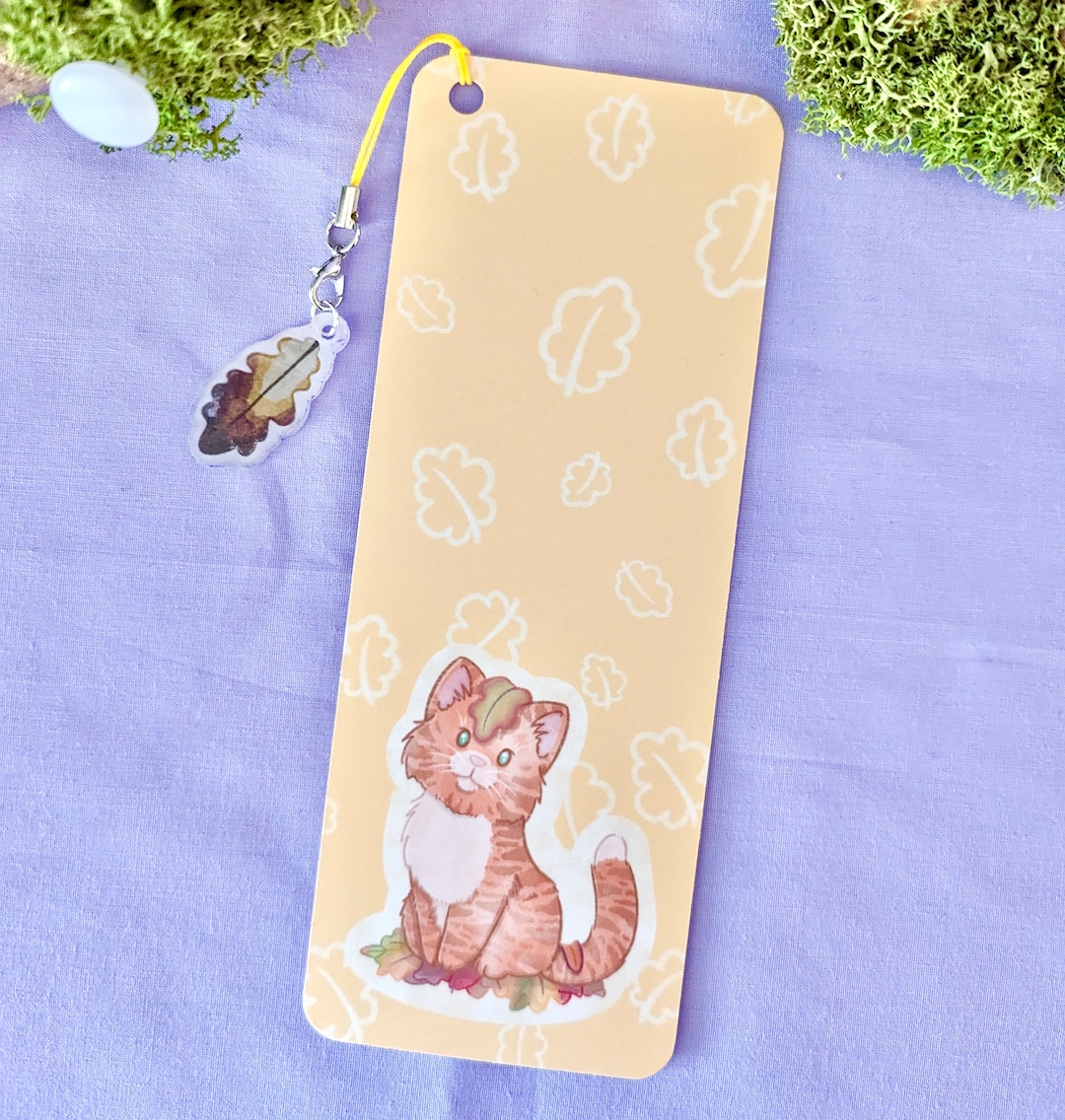 Ginger Cat in Autumn Bookmark With Oak Leaf Charm, Autumnal Bookmark ...