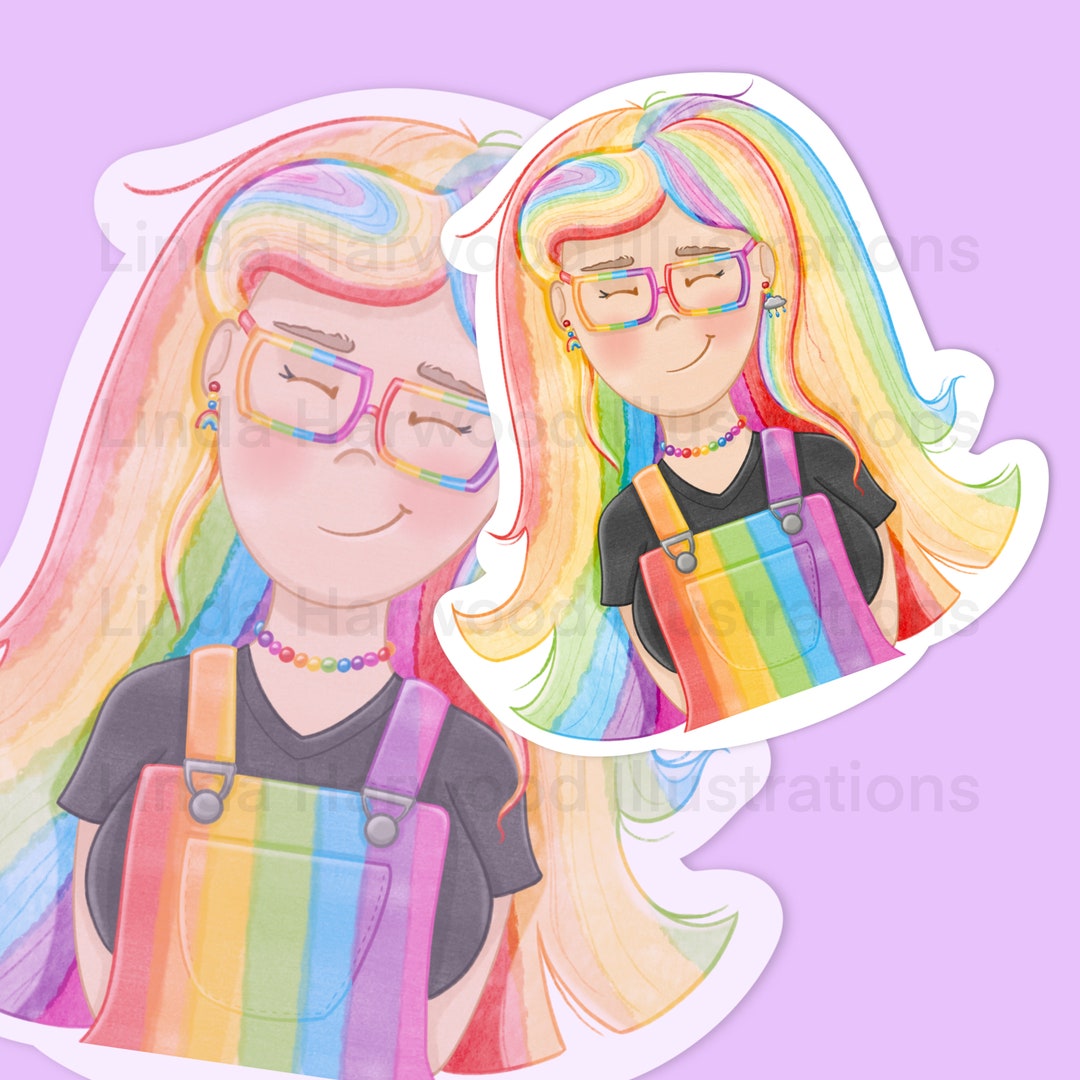 Rainbow Hair Vinyl Sticker, Glossy Vinyl Sticker, Rainbow Sticker, Cute ...