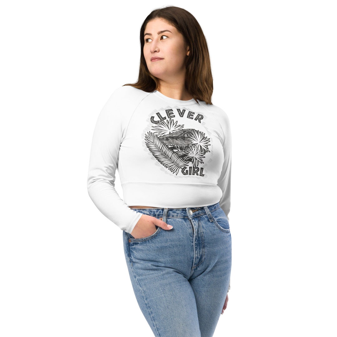 CLEVER GIRL Raptor Themed Women's Long-sleeve White Crop-top,women's ...