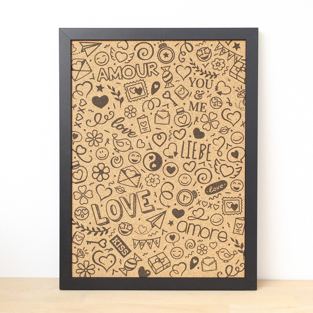 Cork Pinboard With Love Doodle Print, Desk Decoration, Push Pin Board ...