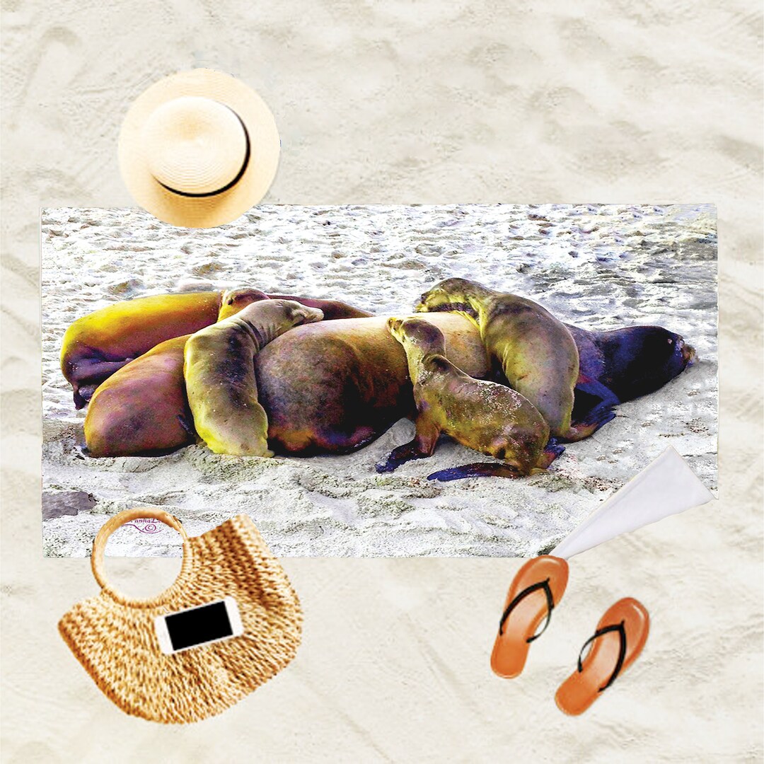 Colorized Portrait of Cuddling Seals on Photo Art BEACH TOWEL in ...