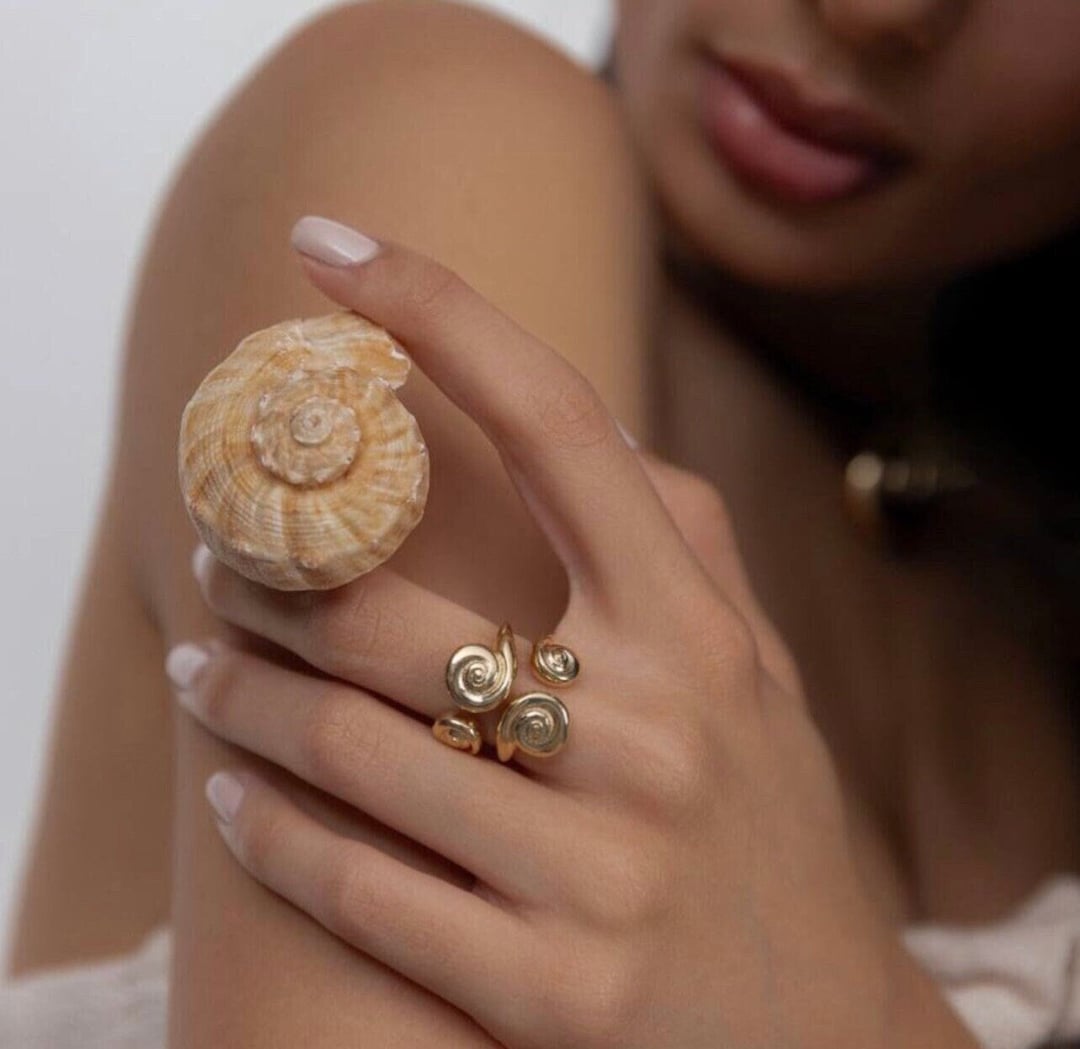 Sea Shell Ring, Beach Jewelry, Nautilus Ring, Gold Sea Shell Ring, Ammonite Fossil Ring, Gold ...