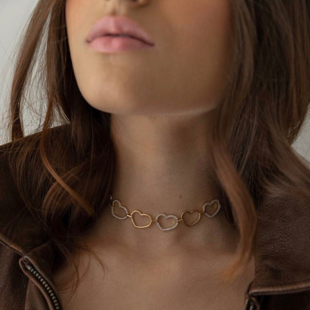 Multiple Heart Chain Choker, Pave Diamond Heart Necklace, Heart Link ...