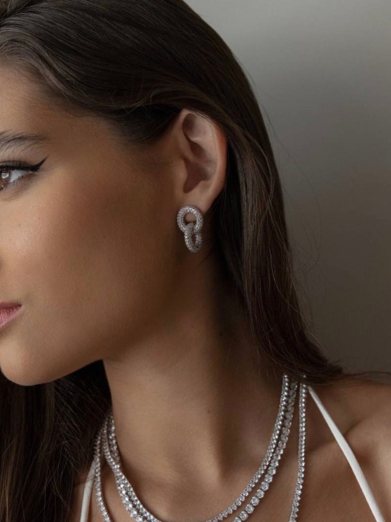 18k Gold Diamond Interlocked Hoop Earrings, Double Circle Pavé Dainty ...