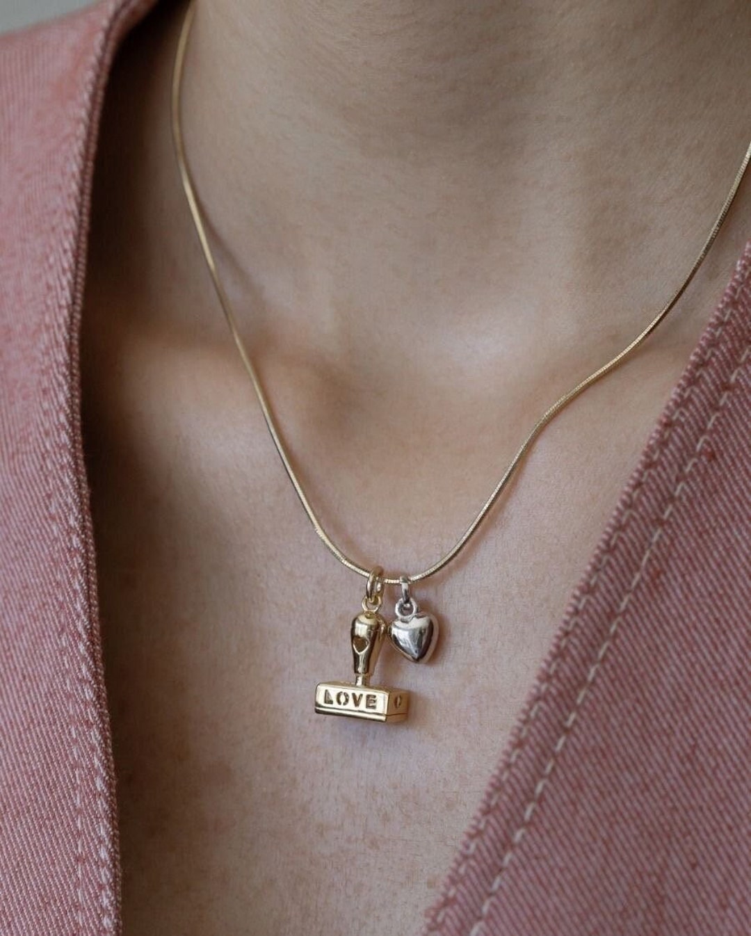 Herringbone Gold Charm Necklace With Mixed Metal Snake Chain ...