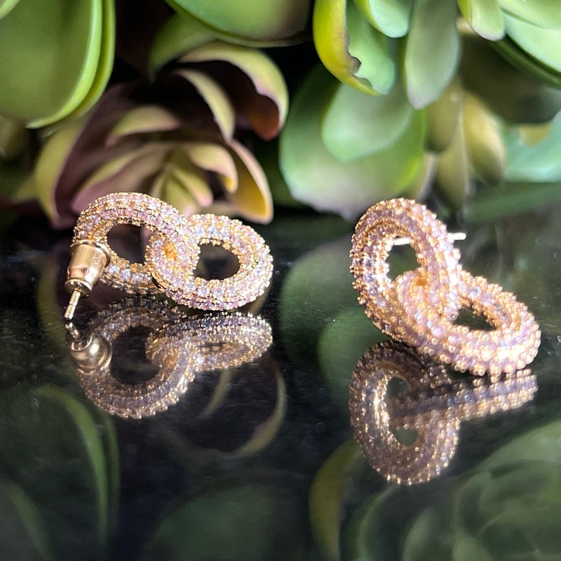 18k Gold Diamond Interlocked Hoop Earrings, Double Circle Pavé Dainty ...