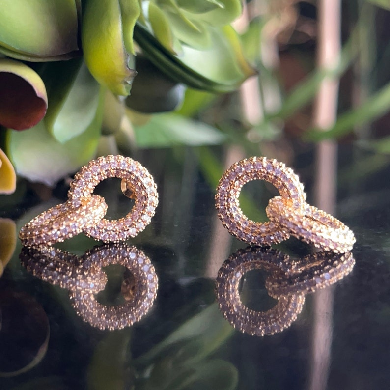 18k Gold Diamond Interlocked Hoop Earrings, Double Circle Pavé Dainty ...