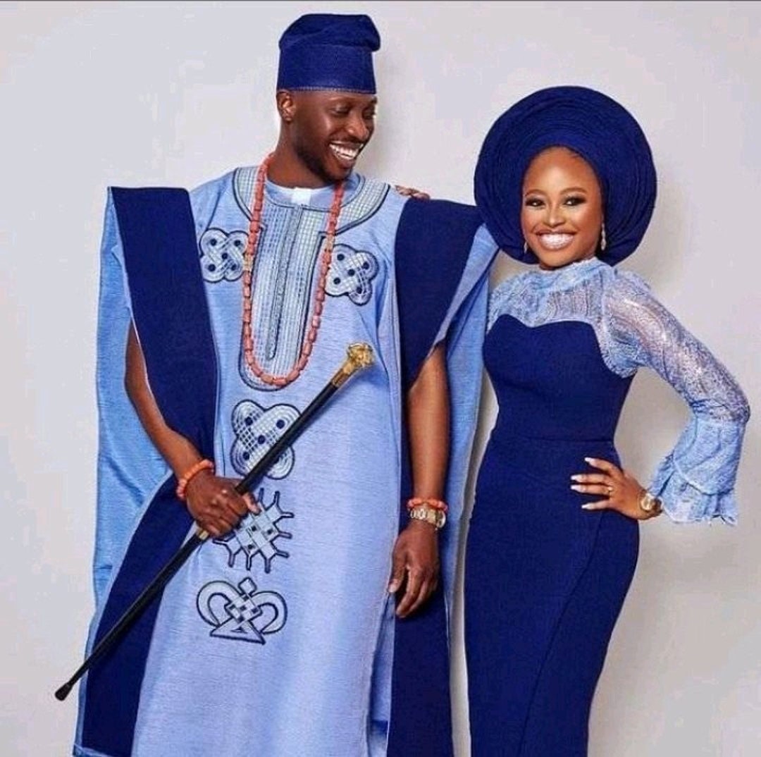 Royal Navy Blue Couples Aso-oke, Wedding Attire, Yoruba Agbada Dress ...