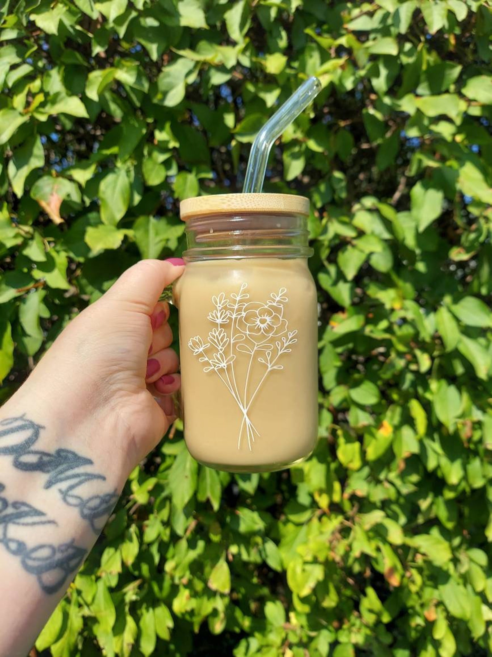 Flower Iced Coffee Glass Mason Jar Glass Iced Coffee Glass - Etsy