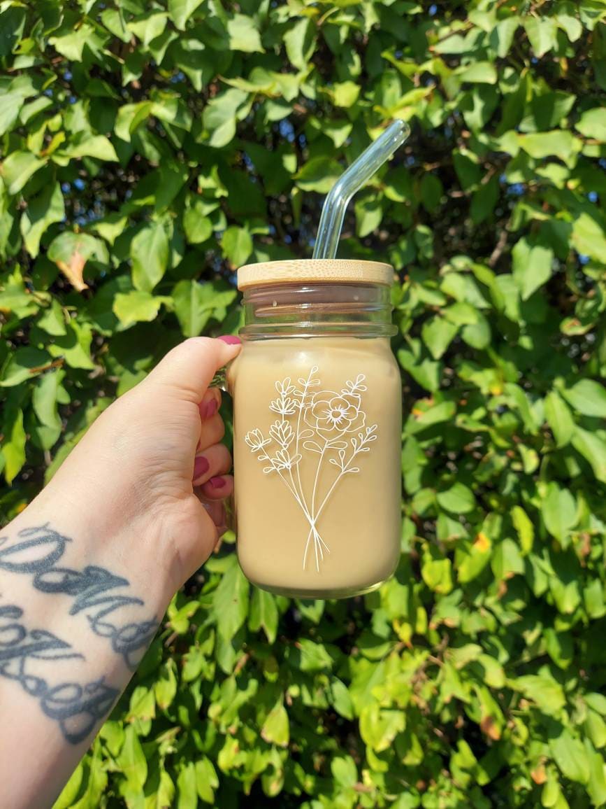 Flower Iced Coffee Glass Mason Jar Glass Iced Coffee Glass - Etsy