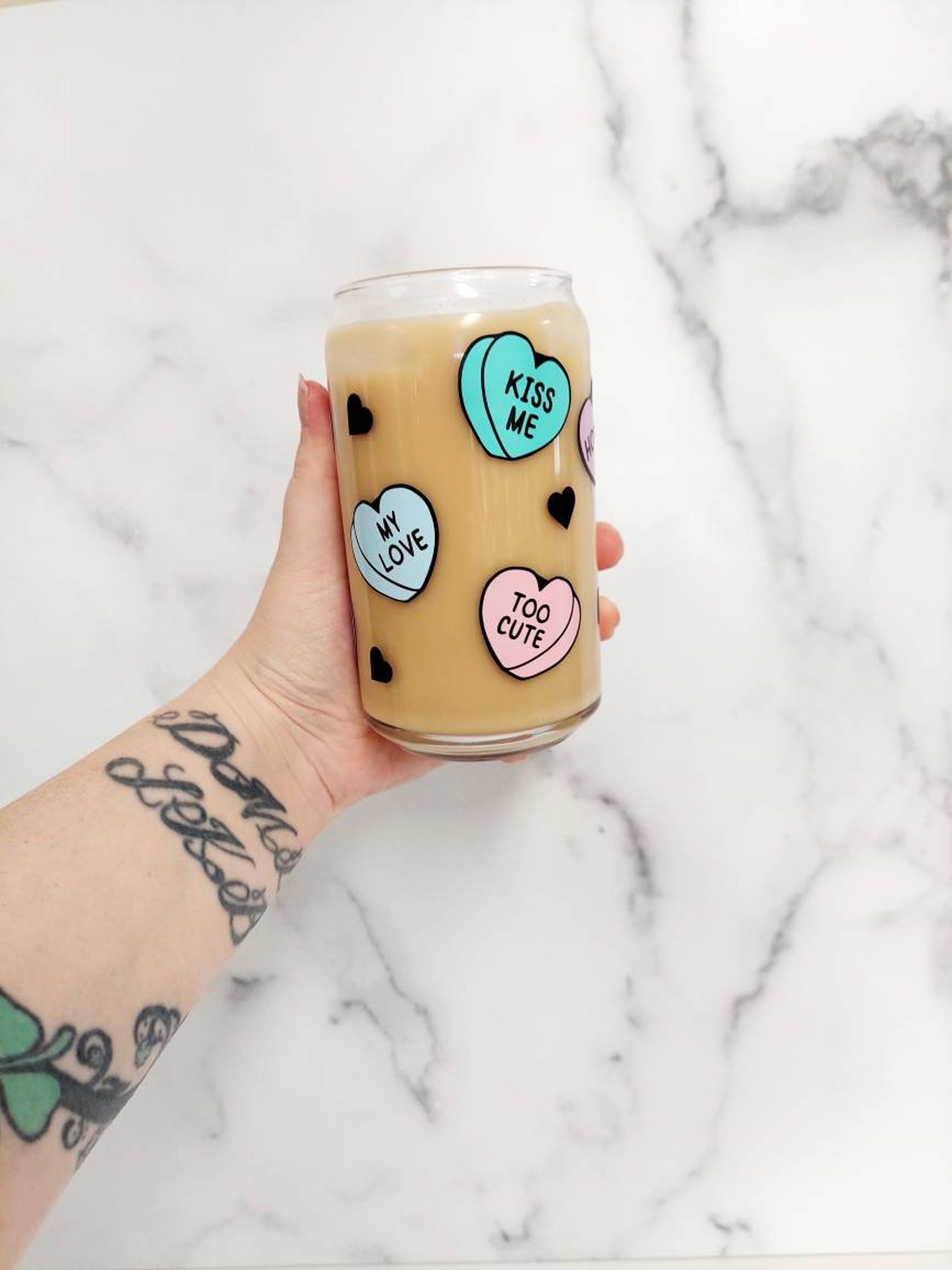 Valentine's Day Iced Coffee Glass, Hearts Can Glass, Iced Coffee Glass ...