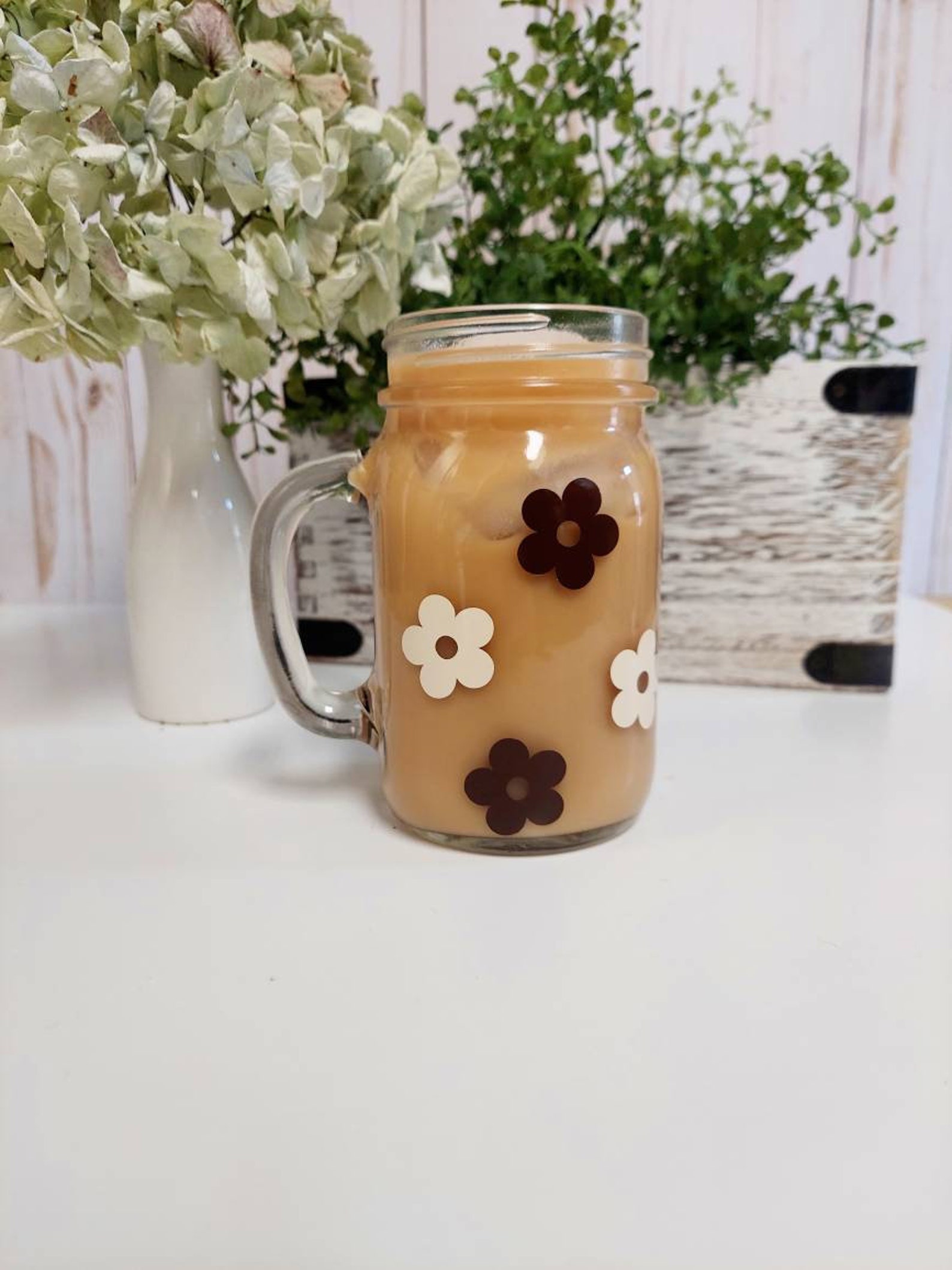 Flower Iced Coffee Glass Mason Jar Glass Iced Coffee Glass | Etsy
